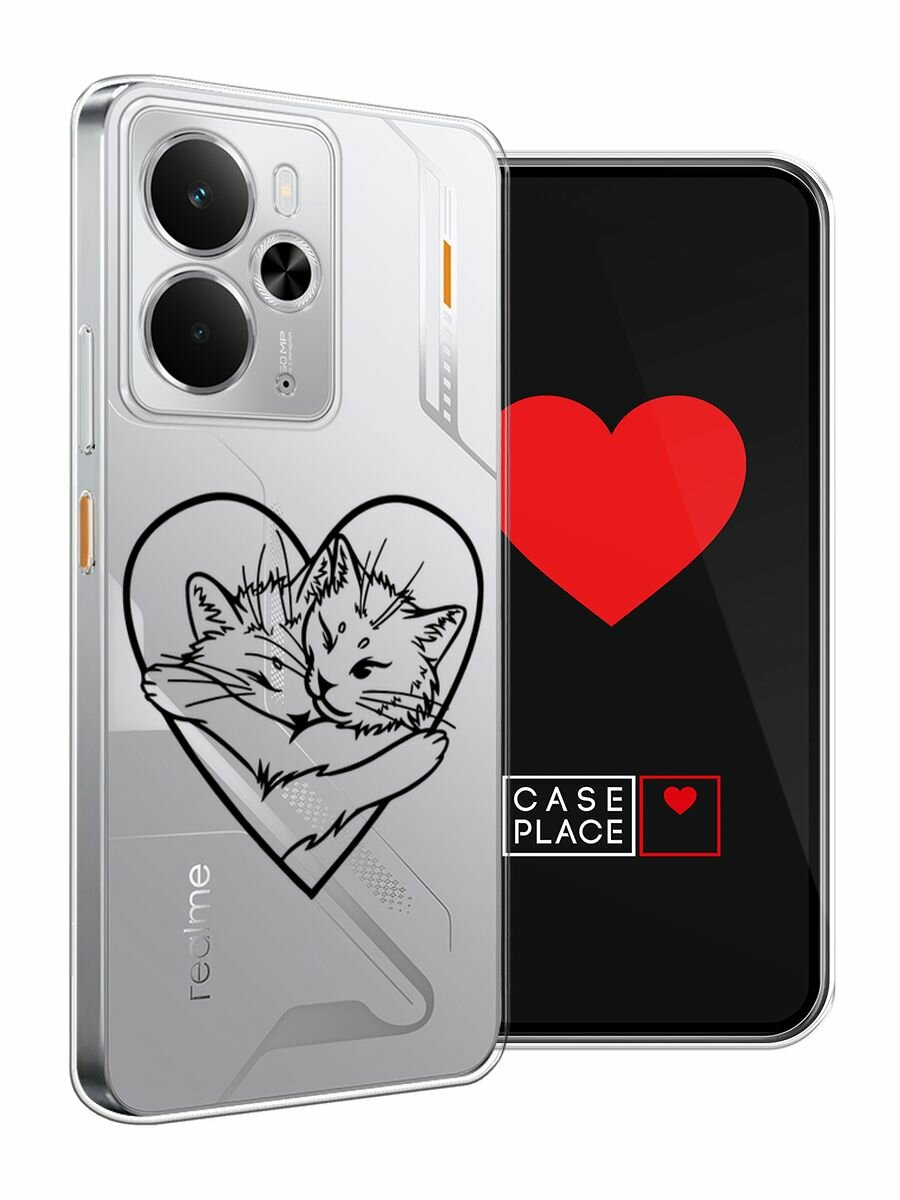 Чехол на Realme 14 5G / Реалми 14 5G с принтом "Влюблённые котики рисунок 3 - 14 февраля", прозрачный — фото 1