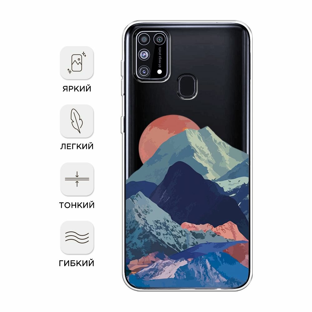 Чехол на Samsung Galaxy M31 / Самсунг Галакси М31 с принтом "Закат в снежных горах", прозрачный — фото 1
