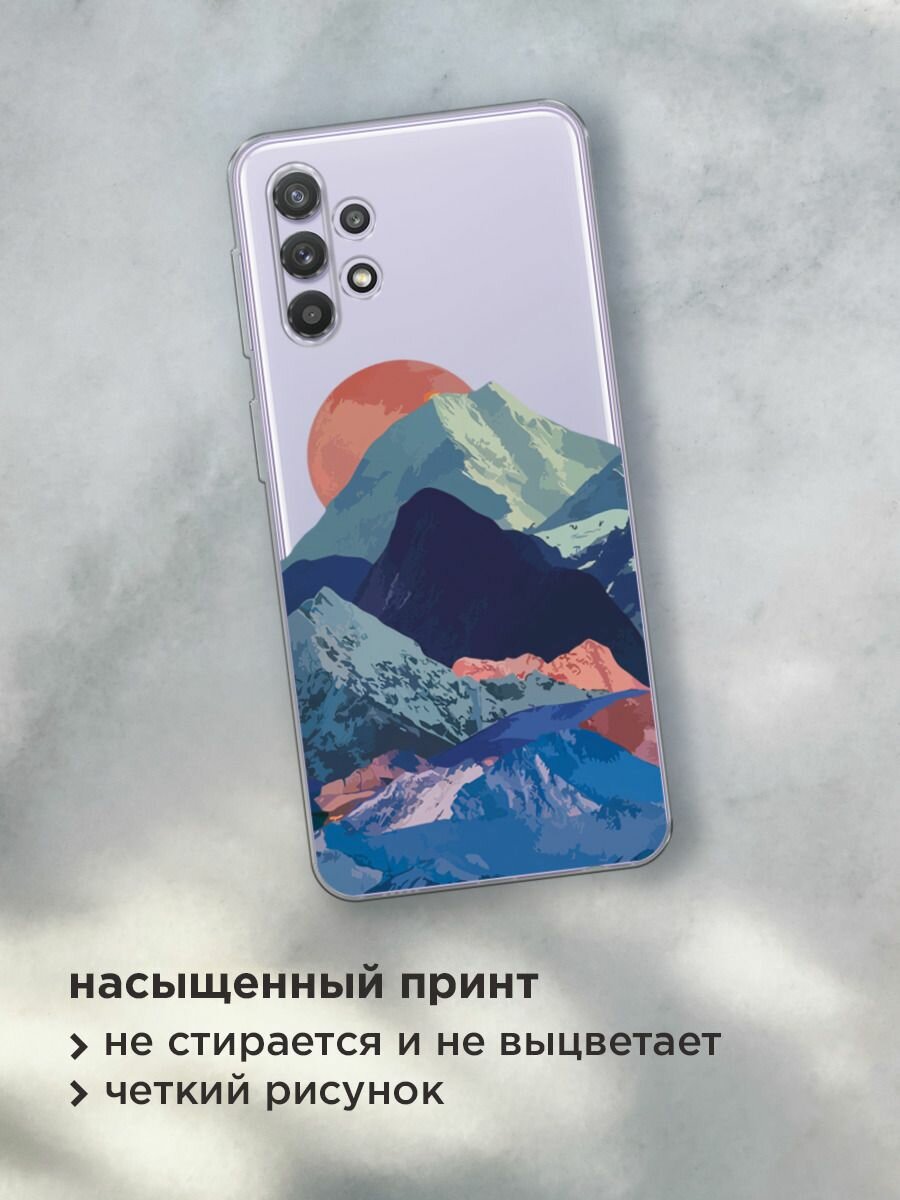 Чехол на Samsung Galaxy A32 / Самсунг Галакси А32 с принтом "Закат в снежных горах", прозрачный — фото 1