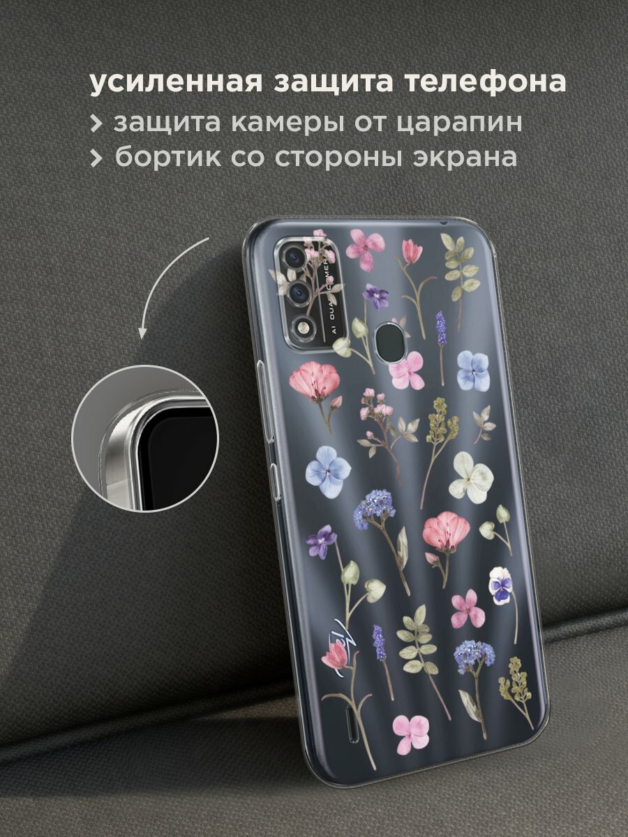 Чехол на Itel A48 / Ител А48 с принтом "Гербарий из полевых цветов", прозрачный — фото 1
