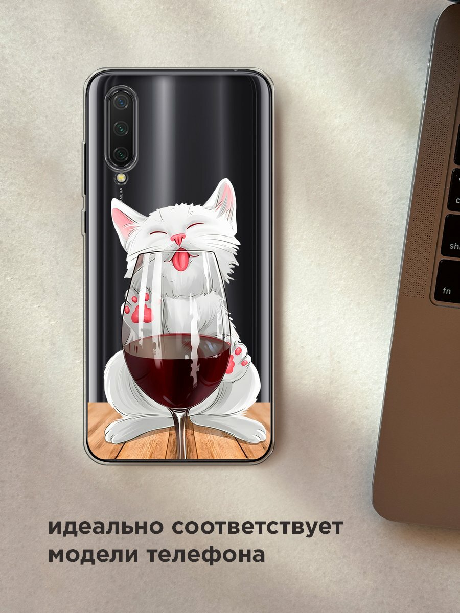 Чехол на Xiaomi Mi CC9/A3 Lite/9 Lite / Сяоми Mi CC9/A3 Lite/9 Lite с принтом "Кот с бокалом", прозрачный — фото 1