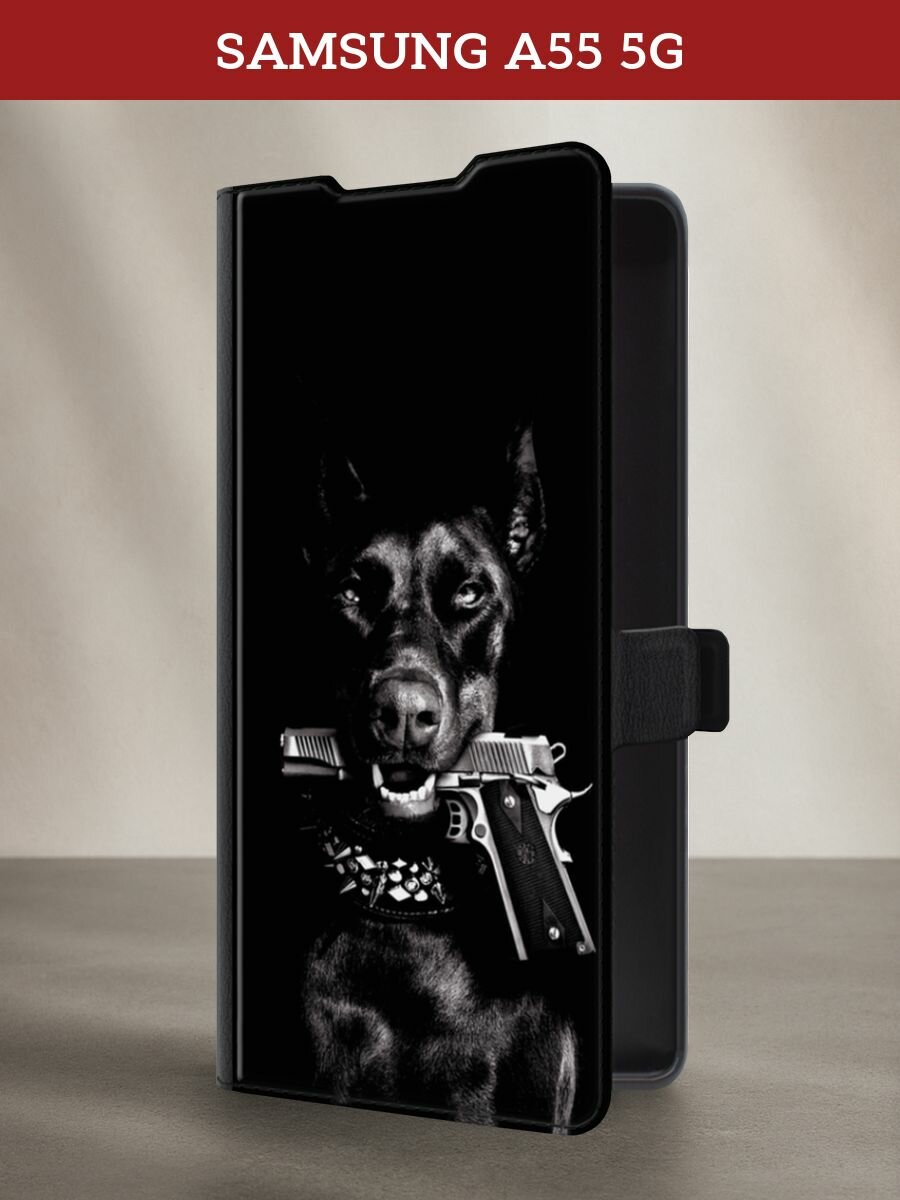 Чехол-книжка на Samsung Galaxy A55 5G / Самсунг А55 5G с рисунком "Опасный доберман"
