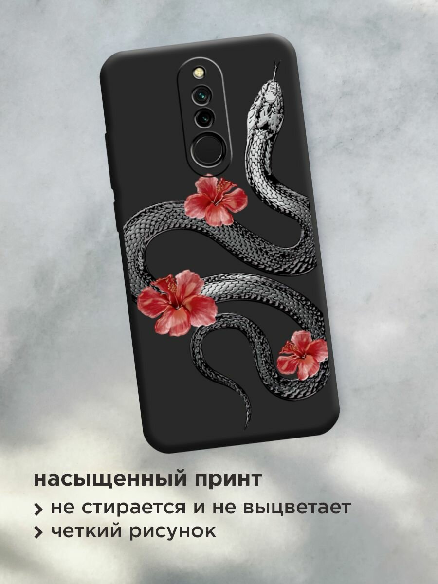 Чехол на Xiaomi Redmi 8 / Редми 8 с принтом "Змея в красных цветах 3" — фото 1