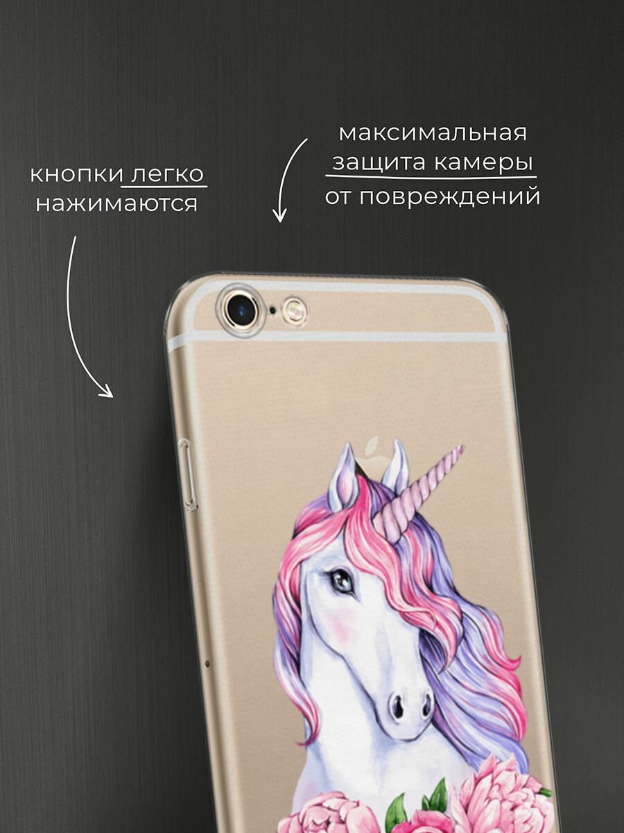 Чехол на Apple iPhone 6 Plus/6S Plus / Айфон 6 Плюс/Айфон 6С Плюс с принтом "Единорог с пионами", прозрачный — фото 1
