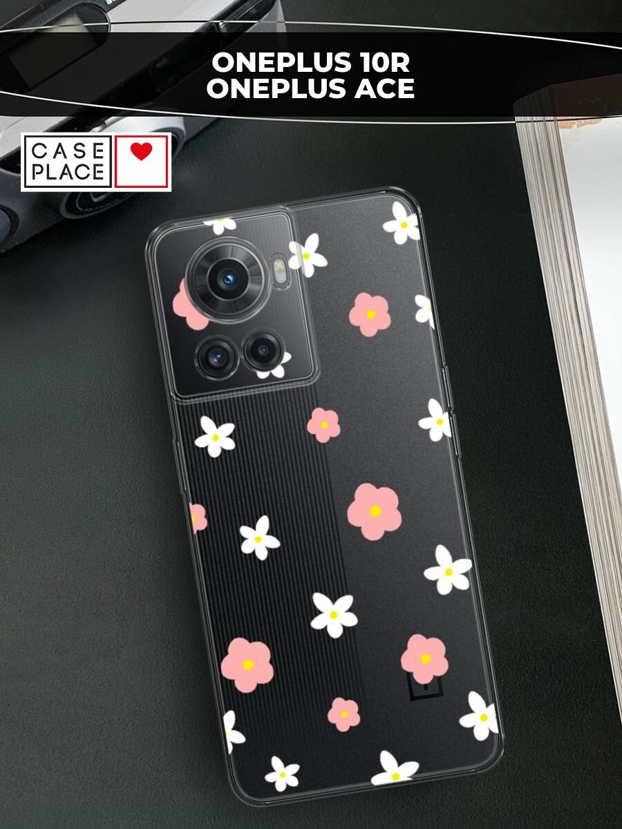 Чехол на OnePlus 10R/Ace / Ван Плас 10R/Ace с принтом "Розовые и белые цветы", прозрачный