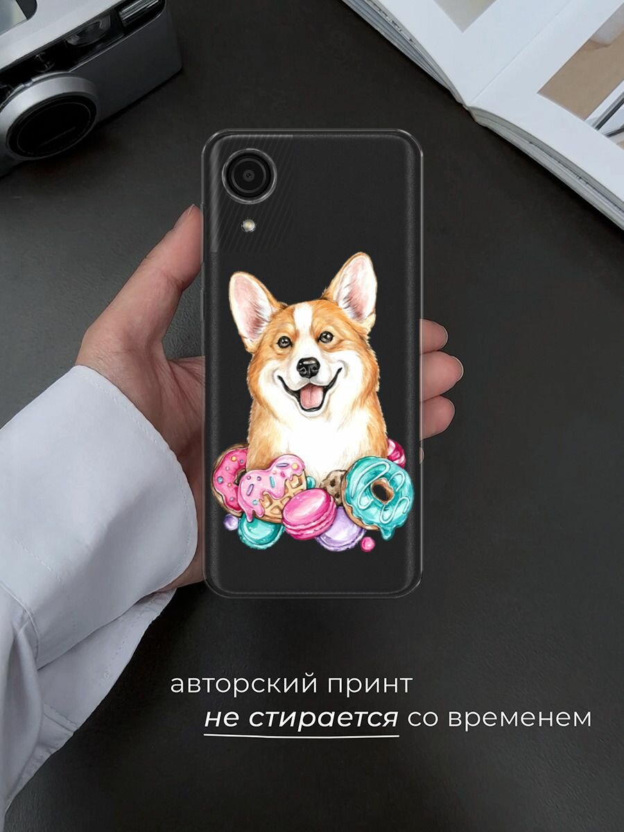 Чехол на Samsung Galaxy A03 Core / Самсунг Галакси А03 Core с принтом "Корги и сладости", прозрачный — фото 1