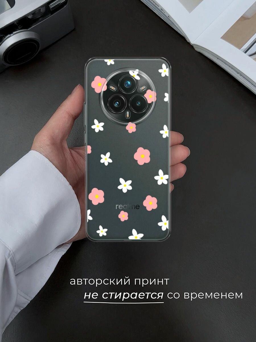 Чехол на Realme 14 Pro / Реалми 14 Про с принтом "Розовые и белые цветы", прозрачный — фото 1