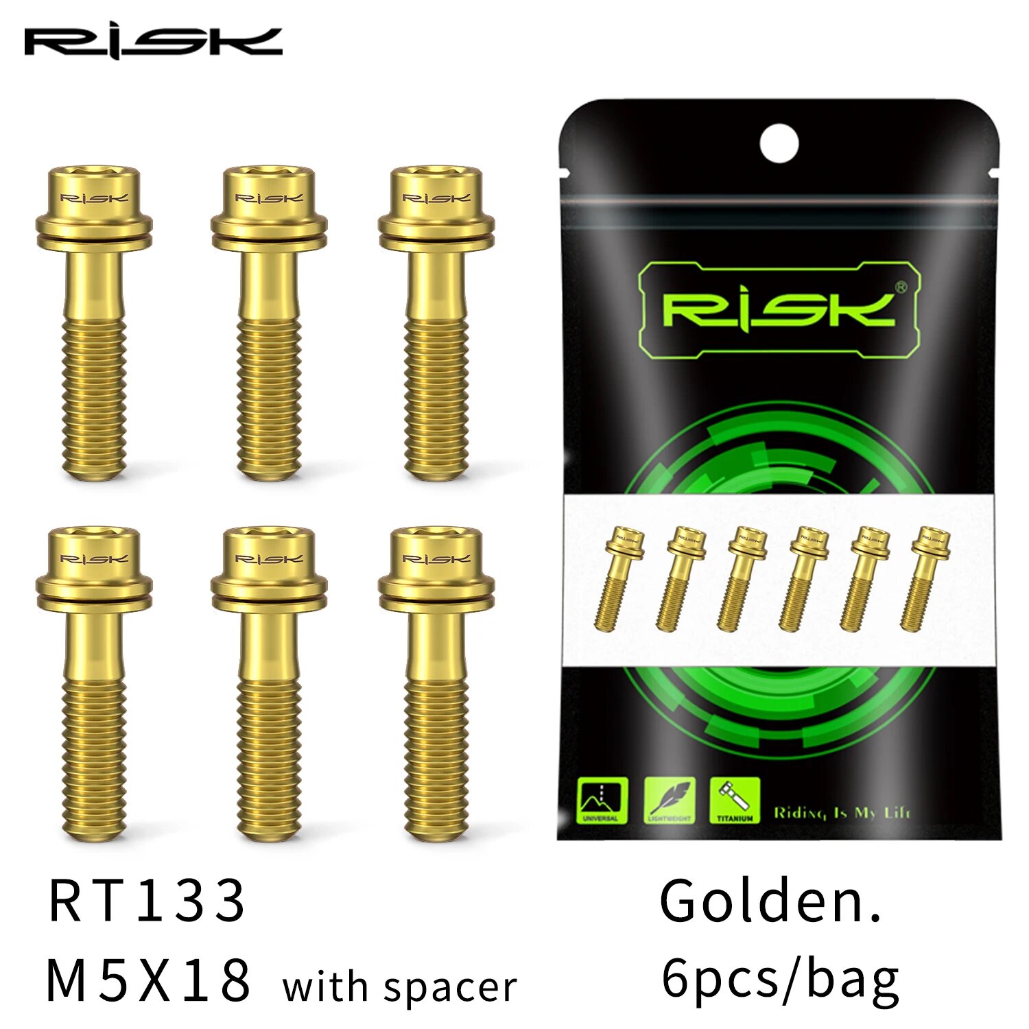 RISK Винты для руля M5X18 с шайбой, золотистые, 6 шт.