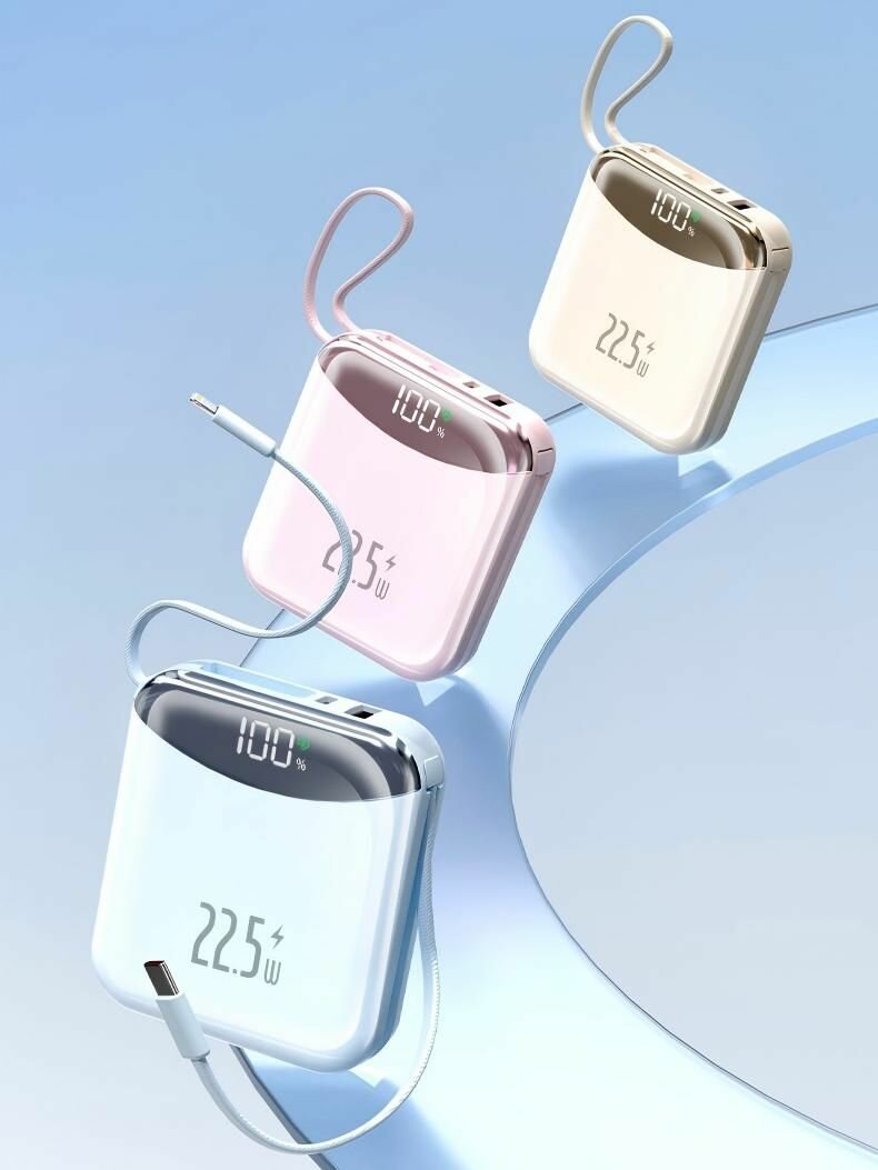 HOCO Внешний аккумулятор 20000 мАч PD20W / 22.5W быстрая зарядка, компактный размер, мягкий корпус галька, 2 встроенных кабеля, 4 устройства одновременно, LED экран, разрешено в самолёт