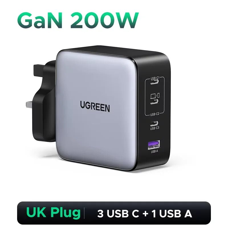 UGREEN GaN 200W UK, 3 USB-C + 1 USB-A
