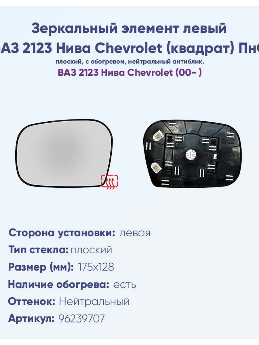 Зеркальный элемент левый ВАЗ 2123 Нива Chevrolet (квадрат)