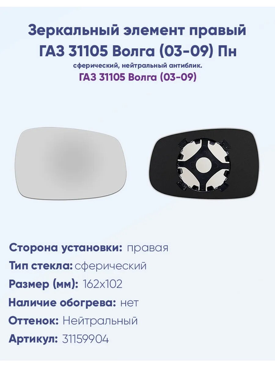 Зеркальный элемент правый ГАЗ 31105 Волга (03-09) Пн