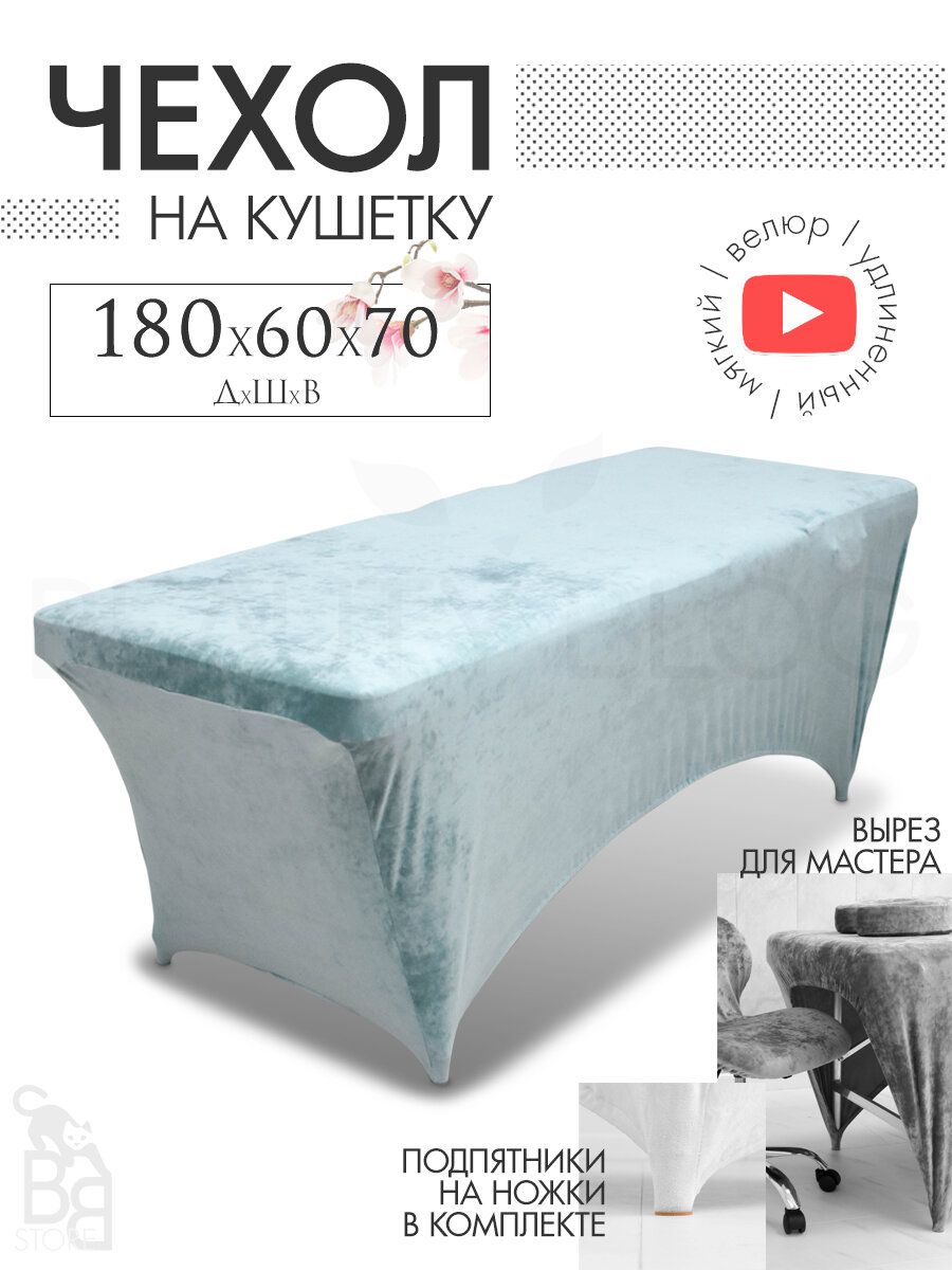Чехол на кушетку 180х60х70 (ДхШхВ), удлиненный на резинке велюровый, на ножки, аквамариновый