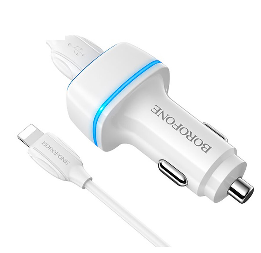 Автомобильное з/у Borofone BZ14, 2USB, 2.4A, с LED-индикацией для Lightning 8-pin, белый