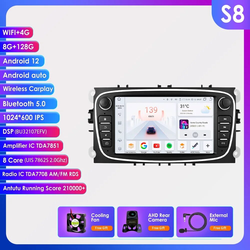 Автомобильный мультимедийный плеер Hizpo для Ford Focus S-Max Mondeo 9 Galaxy C-Max, S8-B add AHDC2