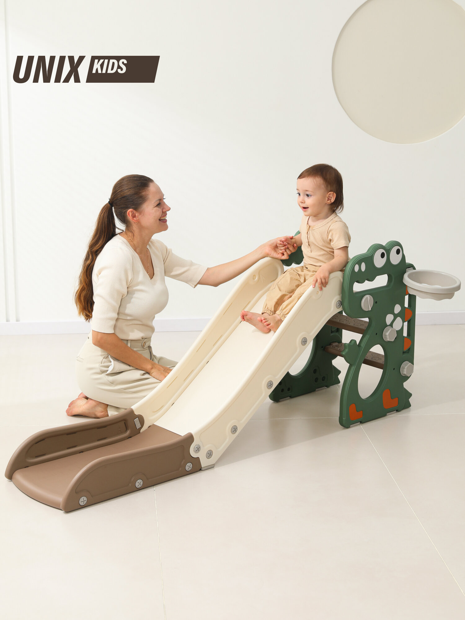 Горка детская для дома и улицы UNIX Kids Dino Small Green пластиковая со скатом 145 см