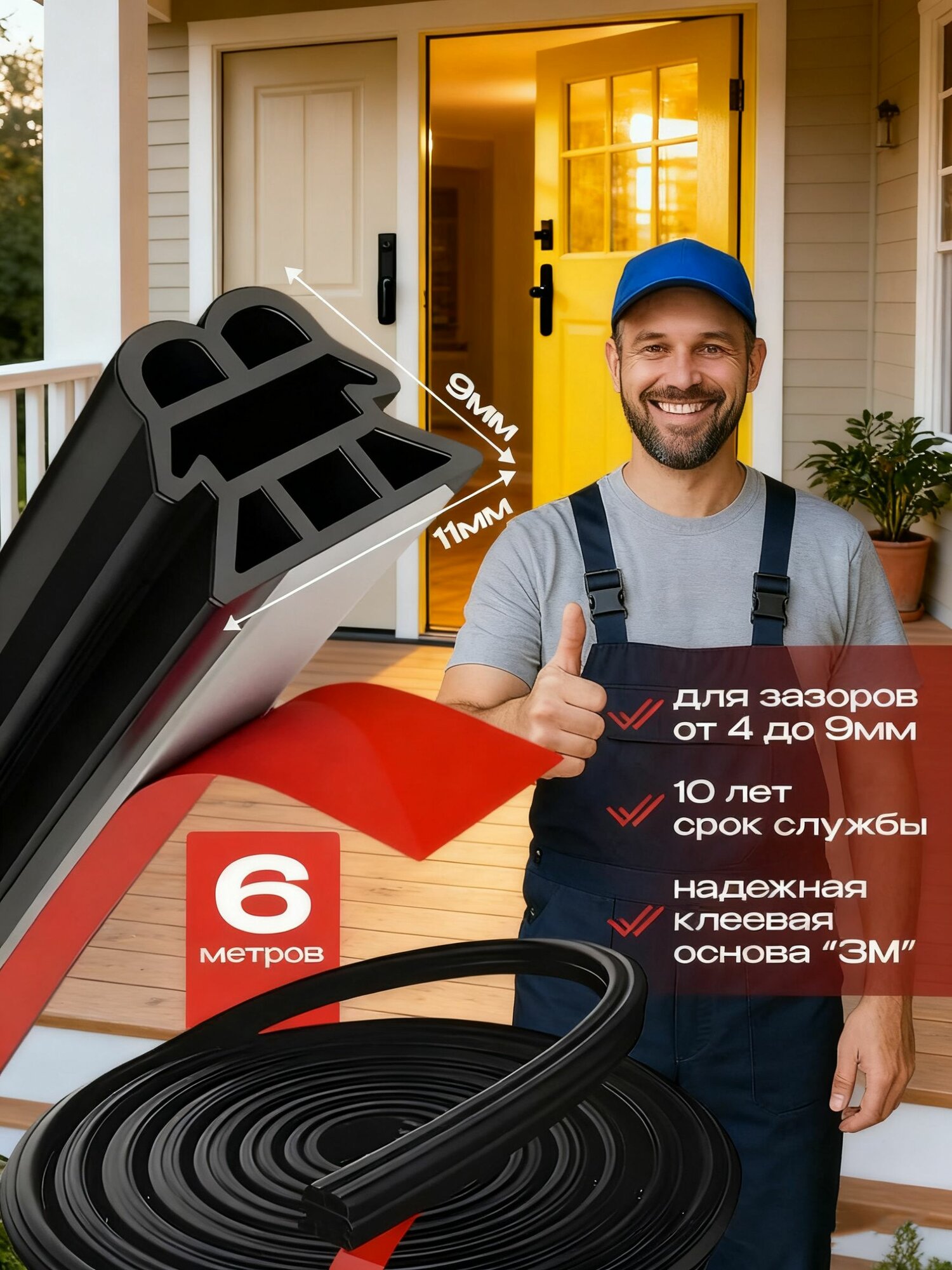 Уплотнитель для двери входной самоклеющийся/ Утеплитель для двери резиновый 6-камерный/ 6 метров