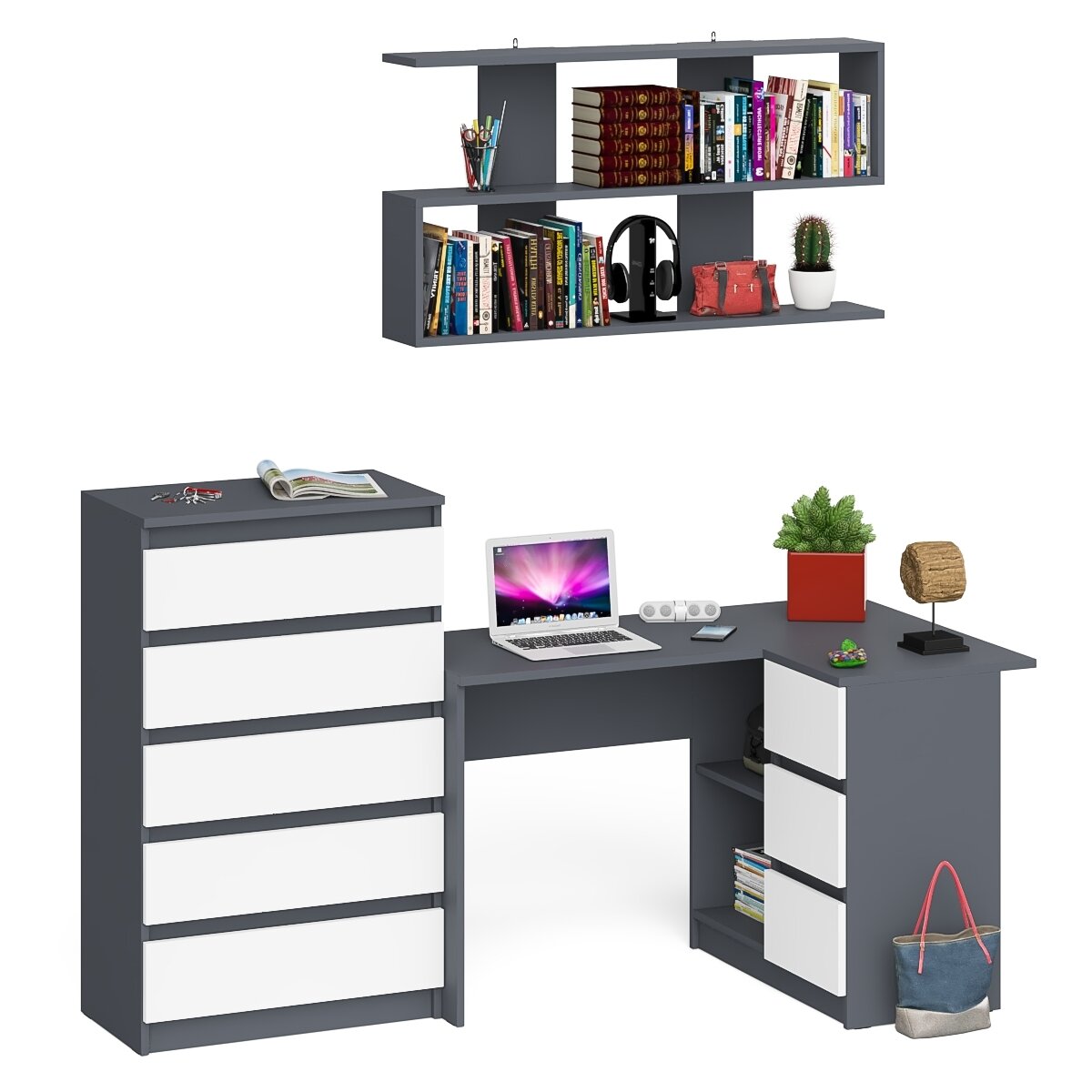 Комод Мори МК700.5 со столом компьютерным угловым правым и открытой полкой, графит/белый, 194,8х84,9х209,6 см.