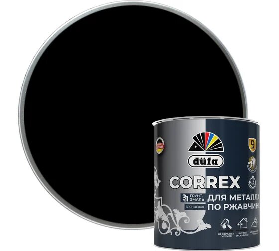 Dufa Грунт-эмаль по ржавчине гладкая Correx 3 в 1 RAL-9005 черный 0,75 л