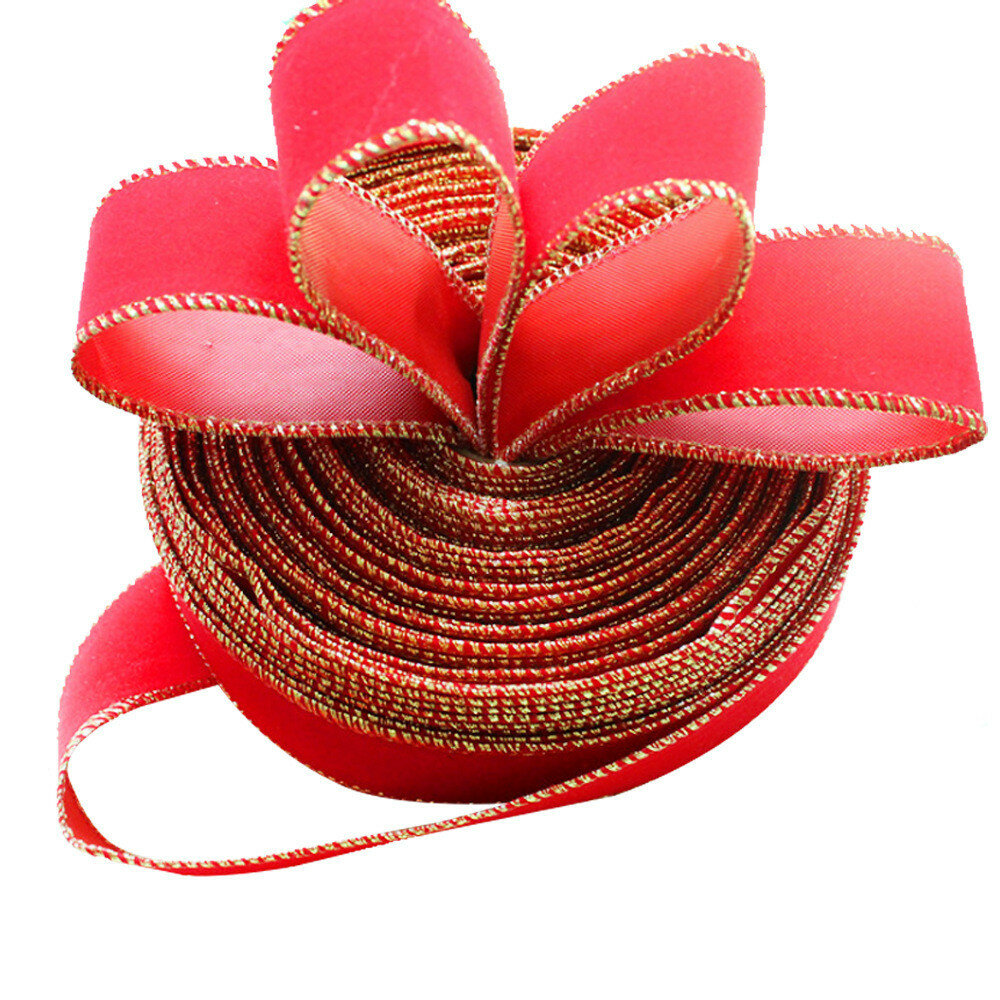 Декоративная лента christmas velvet, 10 м, красный, золотая отделка