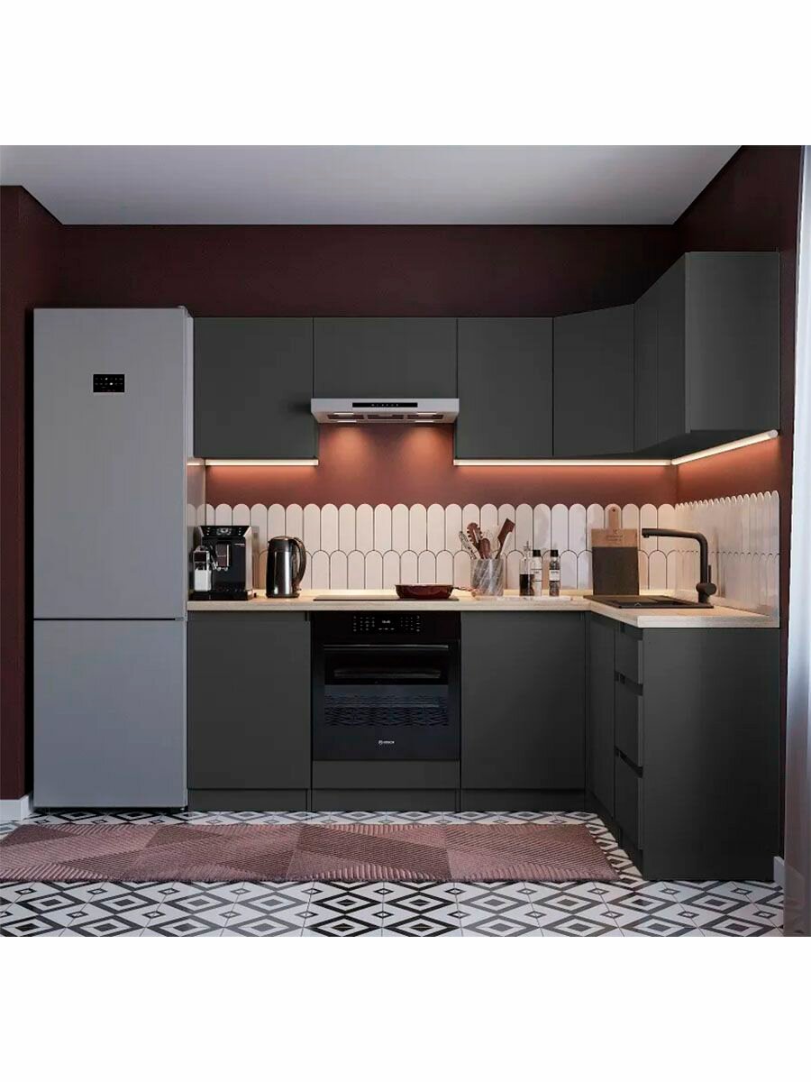 Кухонный гарнитур столплит Леон угловой, с полками и ящиками, ЛДСП, МДФ, диамант серый, 210х140х200 см