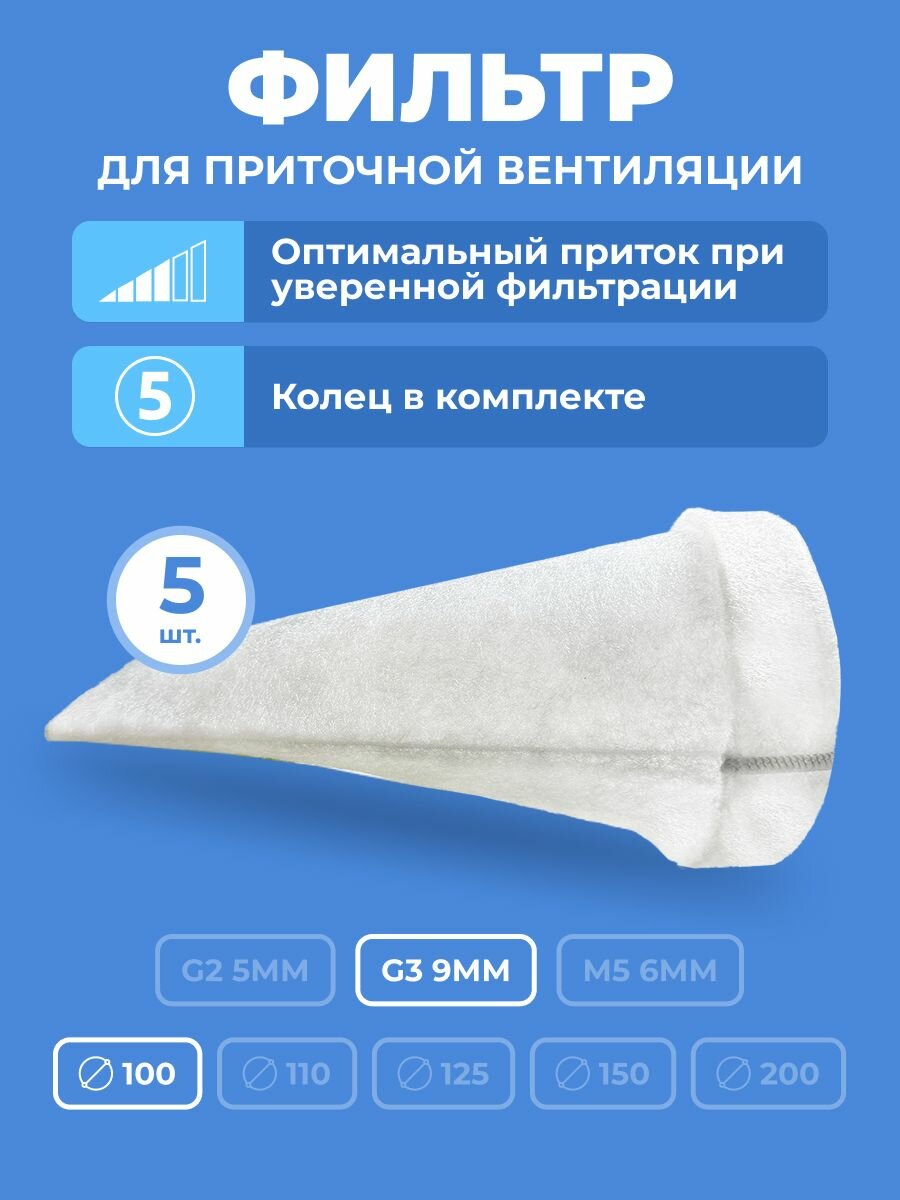 Фильтр канальный для приточной вентиляции 100 мм G3 с распорными кольцами для КИВ 5 штук в комплекте, фильтр для бризера