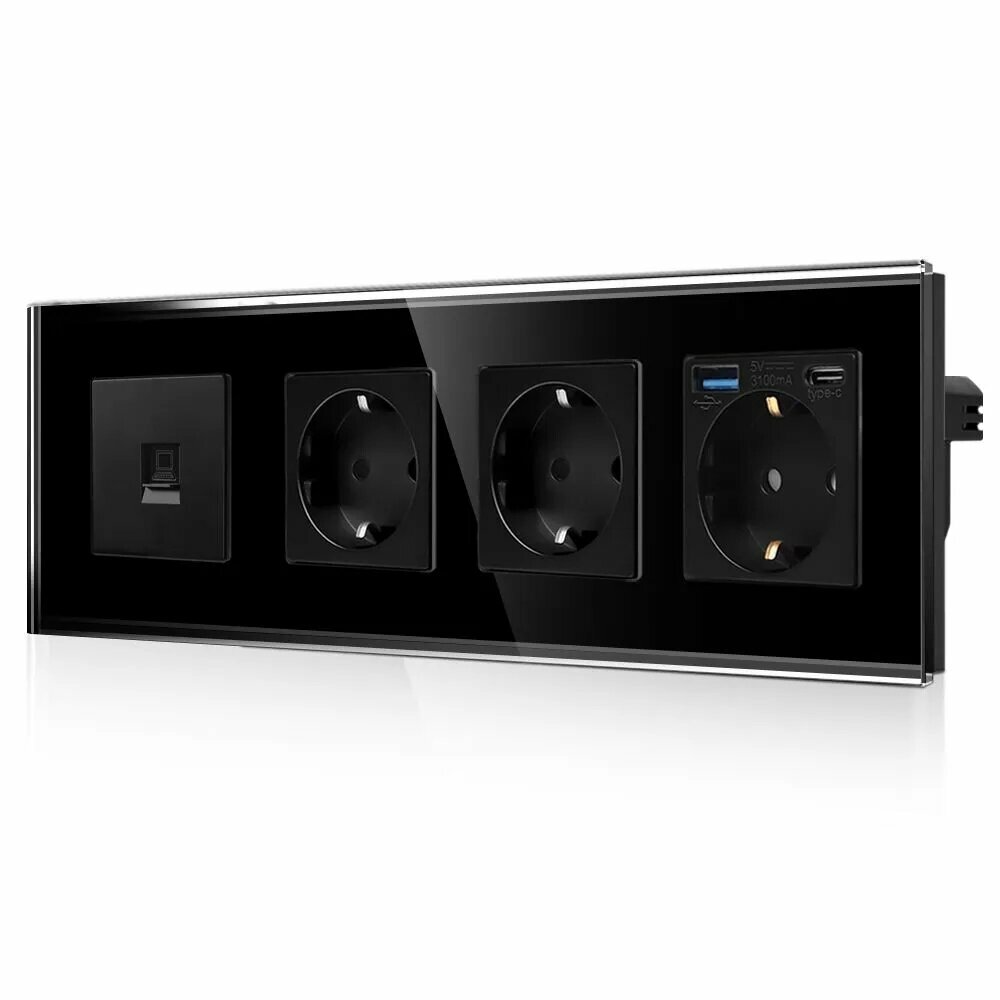 Розетка электрическая 4 поста с USB/Type-C+RJ45 Ethernet 220В 16А Стекло Рамка черный