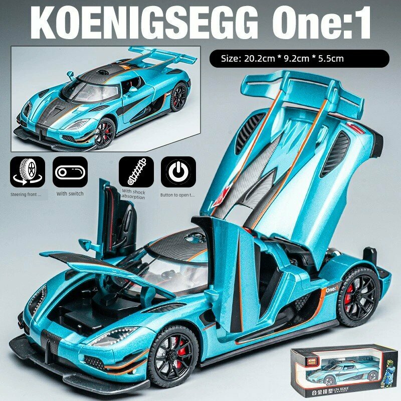 Модель автомобиля 1/24 Koenigsegg Agera One:1 из сплава, циановый, детализированная реплика гоночного автомобиля для