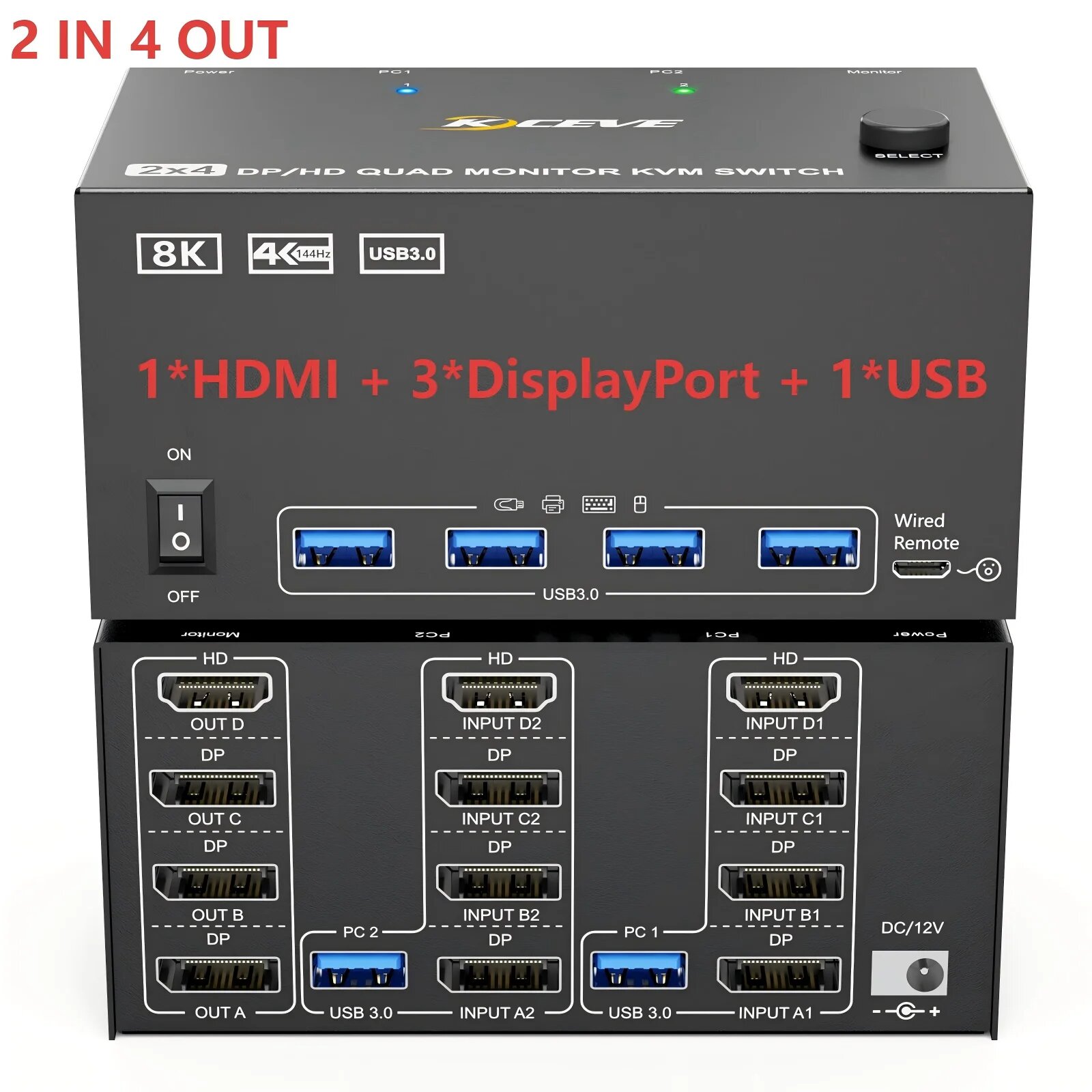 AIMOS KVM-переключатель HDMI Displayport 2 ПК 3/4 мониторов 204-1H3D, UK Power Adapter