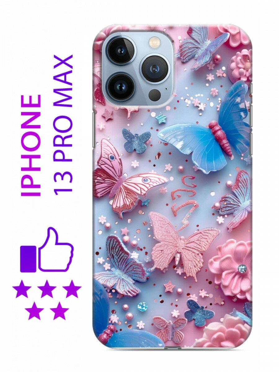 Чехол для Iphone 13 Pro Max с принтом для женщин с бабочками с нежных цветах (Айфон 13 Про Макс)