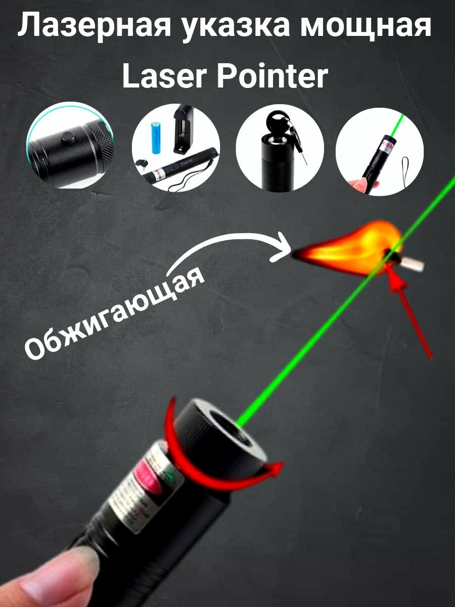 Зеленая лазерная указка мощная, обжигающая TimPax на аккумуляторе с насадками, диммером/ Зеленый луч для учителя, презентаций, конференций/ Лазер для подачи сигнала и туризма