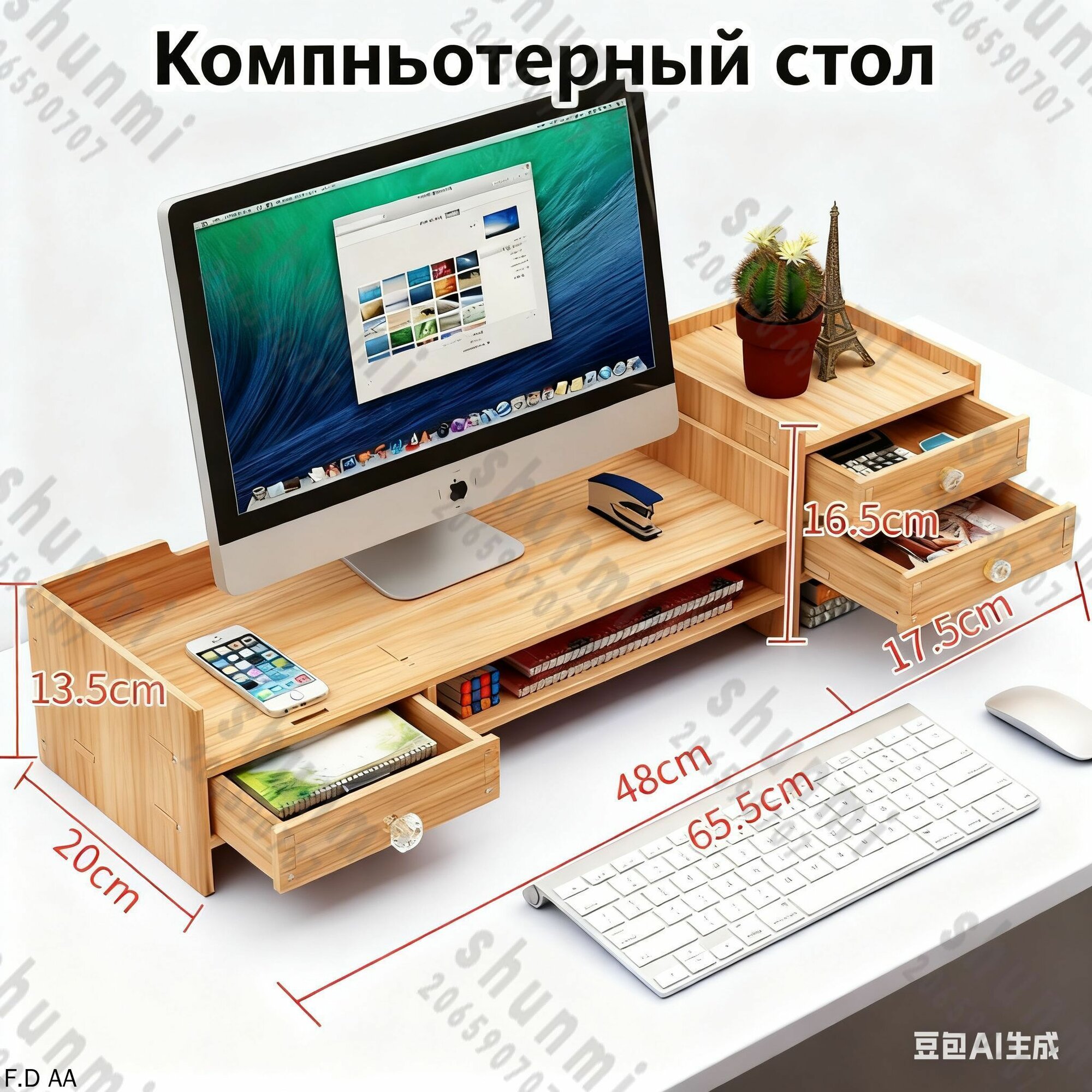 Подставка органайзер для монитора и клавиатуры, настольная из МДФ. Многофункциональная деревянная полка под аксессуары для компьютера, мелочей и канцелярии.