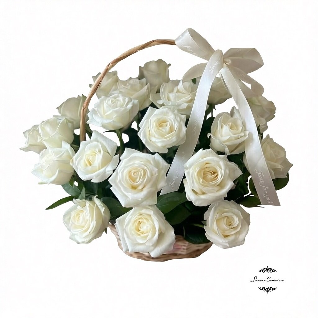 Композиция в корзине из белых роз "Белый дар" от Магазина "Долина Ситтим" высота 30см, ширина 37см, 21 роза, рускус.