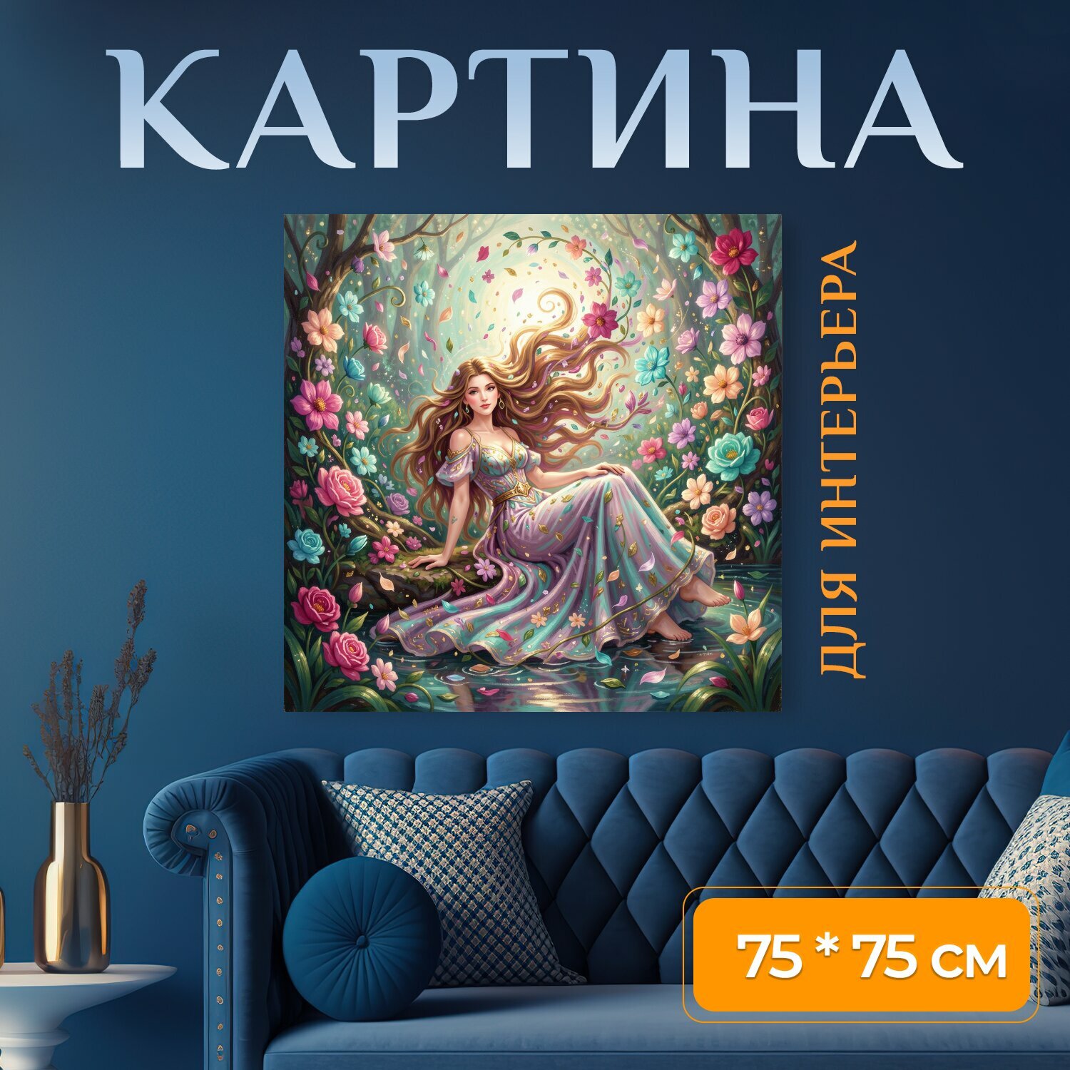 Картина на холсте "Девушка в цветочном лесу. Сказочная красавица с длинными локонами сидит у воды среди ярких бутонов и летящих лепестков." на подрамнике 75х75 см. для интерьера
