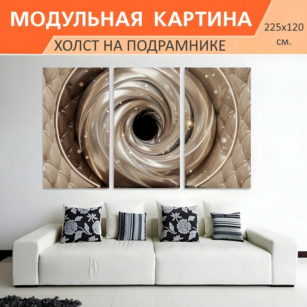 Модульная картина на холсте "Абстрактный спиральный тоннель. Лаконичная 3D-композиция с плавным вихревым центром, глянцевыми." триптих на подрамнике 225х120 см. для интерьера
