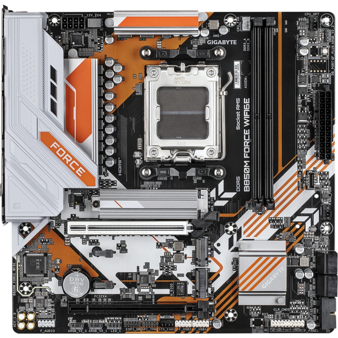 Материнская плата GIGABYTE B850M Force Wifi6E, Черный текстолит с серебристо-белыми радиаторами, AMD B850.