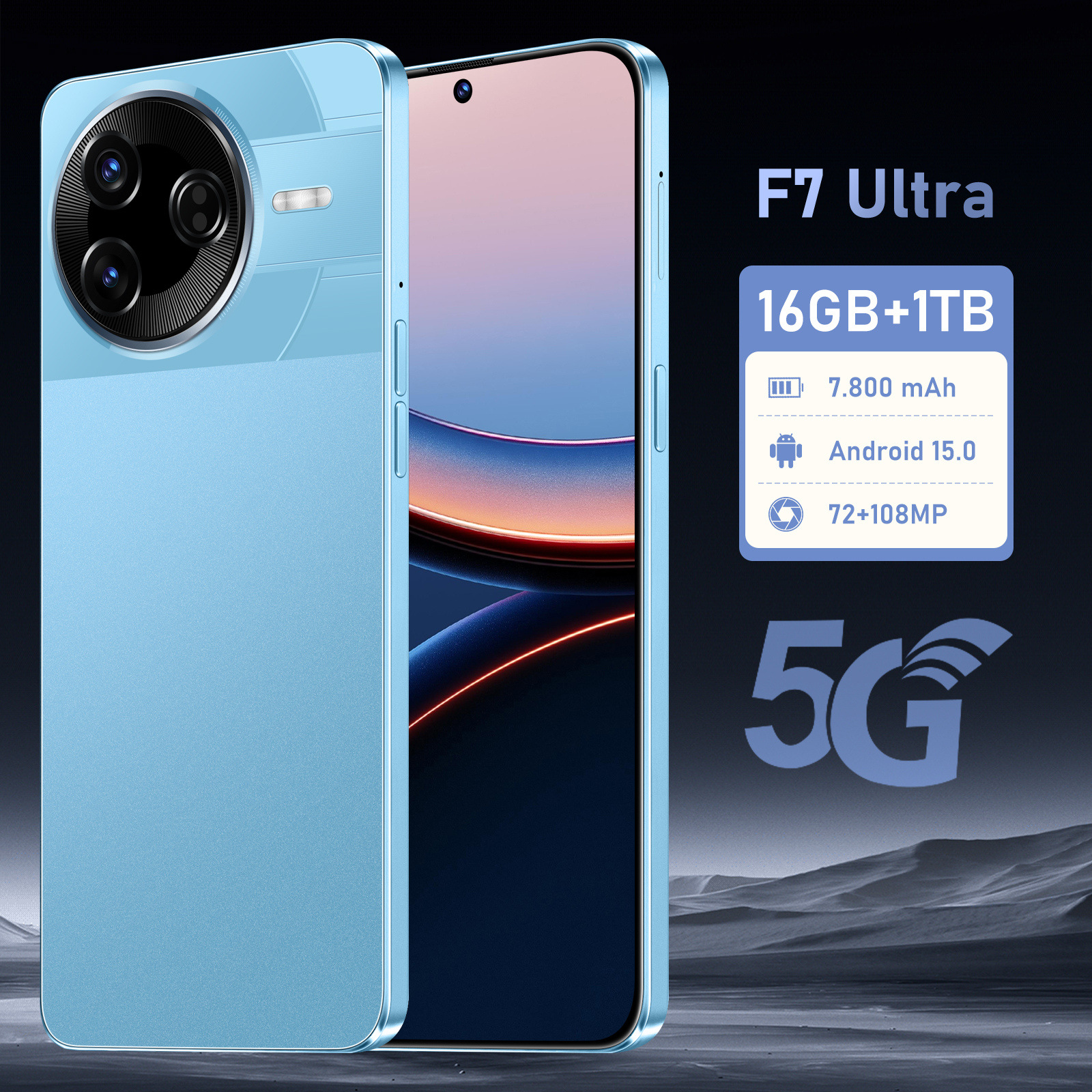Синий 5G смартфон F7 Ultra, 7.3 дюйма, 16 ГБ + 1 ТБ, Android 15, высокое разрешение
