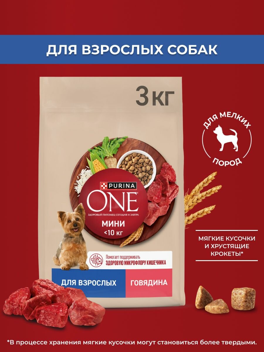 Сухой корм для собак PURINA ONE мини для мелких и карликовых пород, с говядиной и рисом, 3 кг