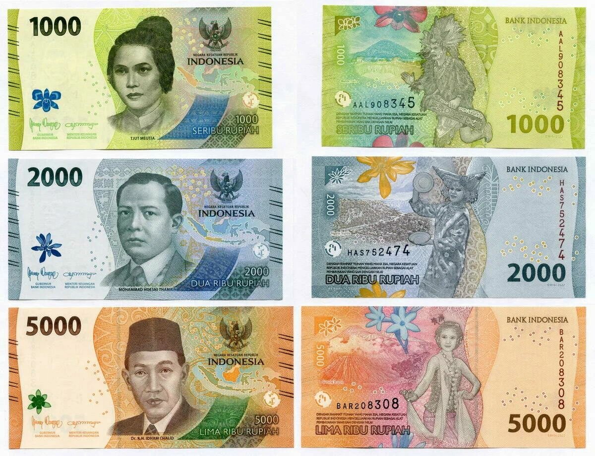 Комплект банкнот Индонезия 1000, 2000 и 5000 рупий 2022 г. Состояние пресс, unc