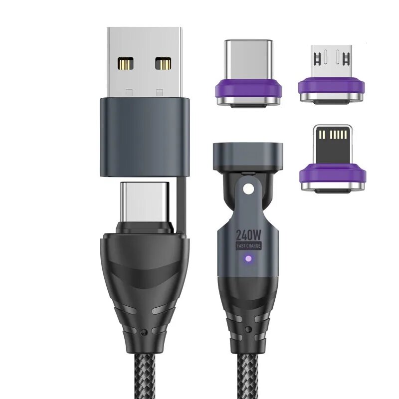 Магнитный кабель PD3.1 240 Вт, 6 в 1, кабель Micro USB C to Type C, 6 А, 1,8 м, Black with 3Tips