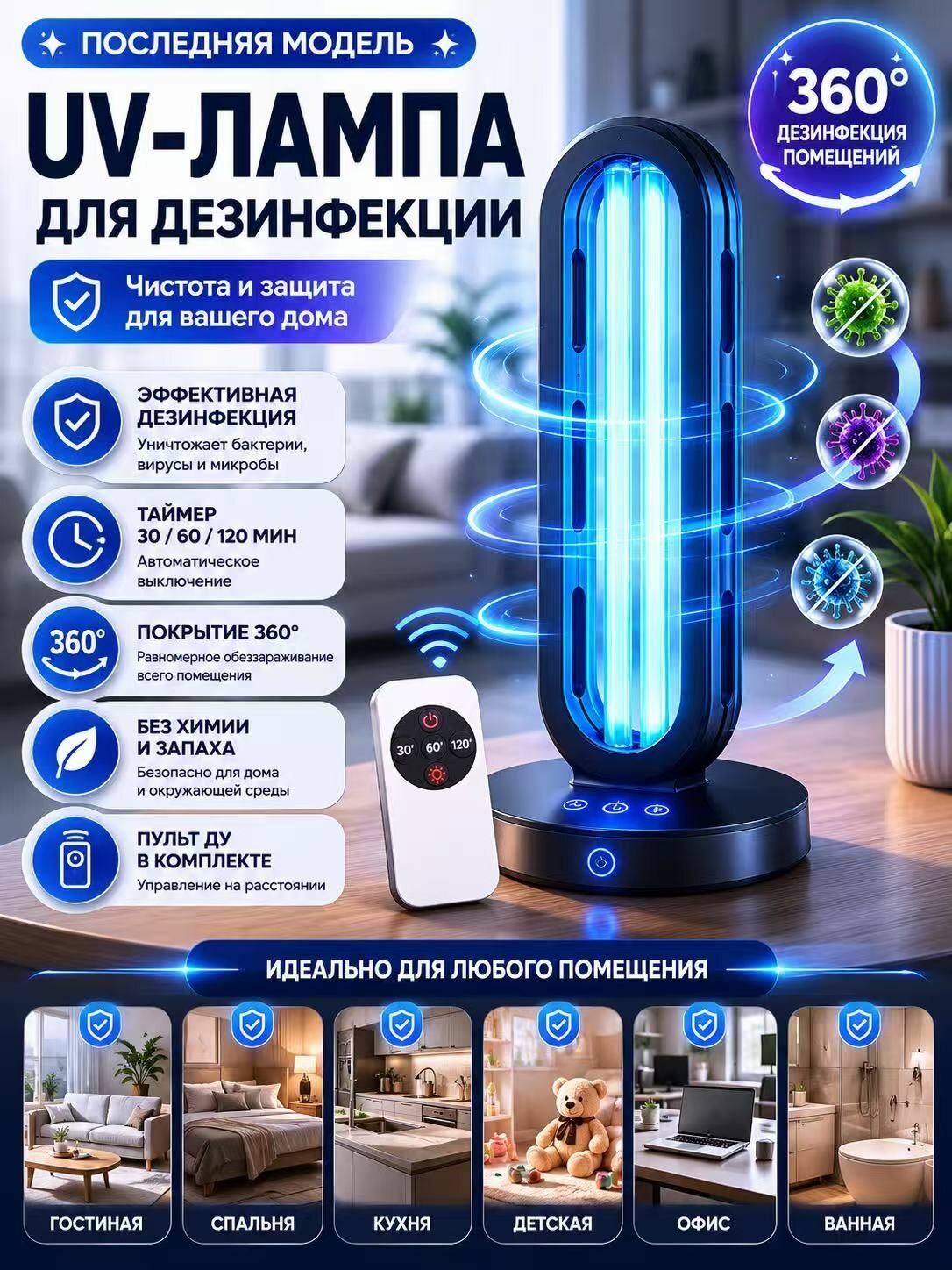 Ультрафиолетовая стерилизационная лампа ( 38 Вт, с озоном ), для обеззараживания и очистки воздуха, стерилизации, дезинфекции, удаления клещей, и устранения плесени