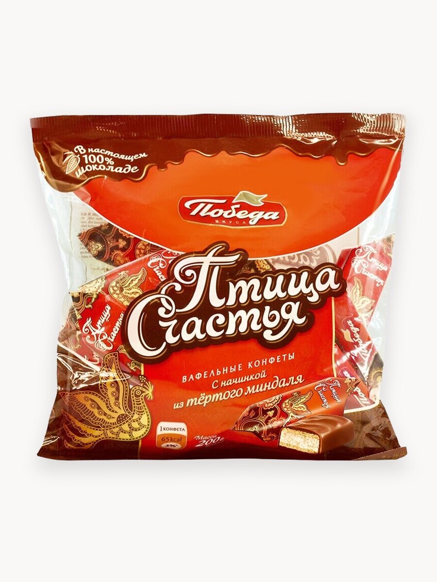 Победа вкуса ассорти Птица счастья вафельные с начинкой из тертого миндаля в сливочном шоколаде, пакет, 200 г, флоу-пак