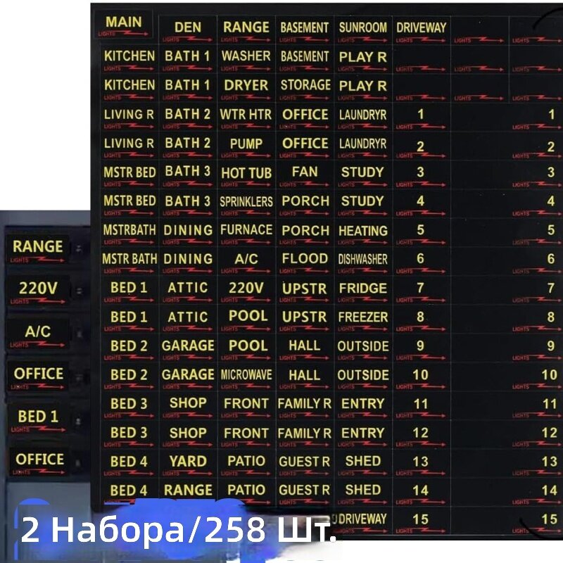 Маркировочные наклейки для электрощита и автоматов, 2 комплекта по 258 шт, Стиль 2