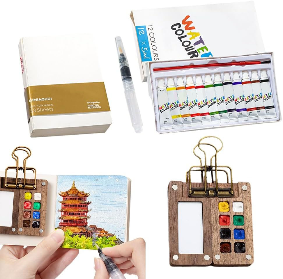 Мини-набор для рисования акварелью "Путешествие", с мини-доской, палитрой, кистями, скетчбук 8 ячеек