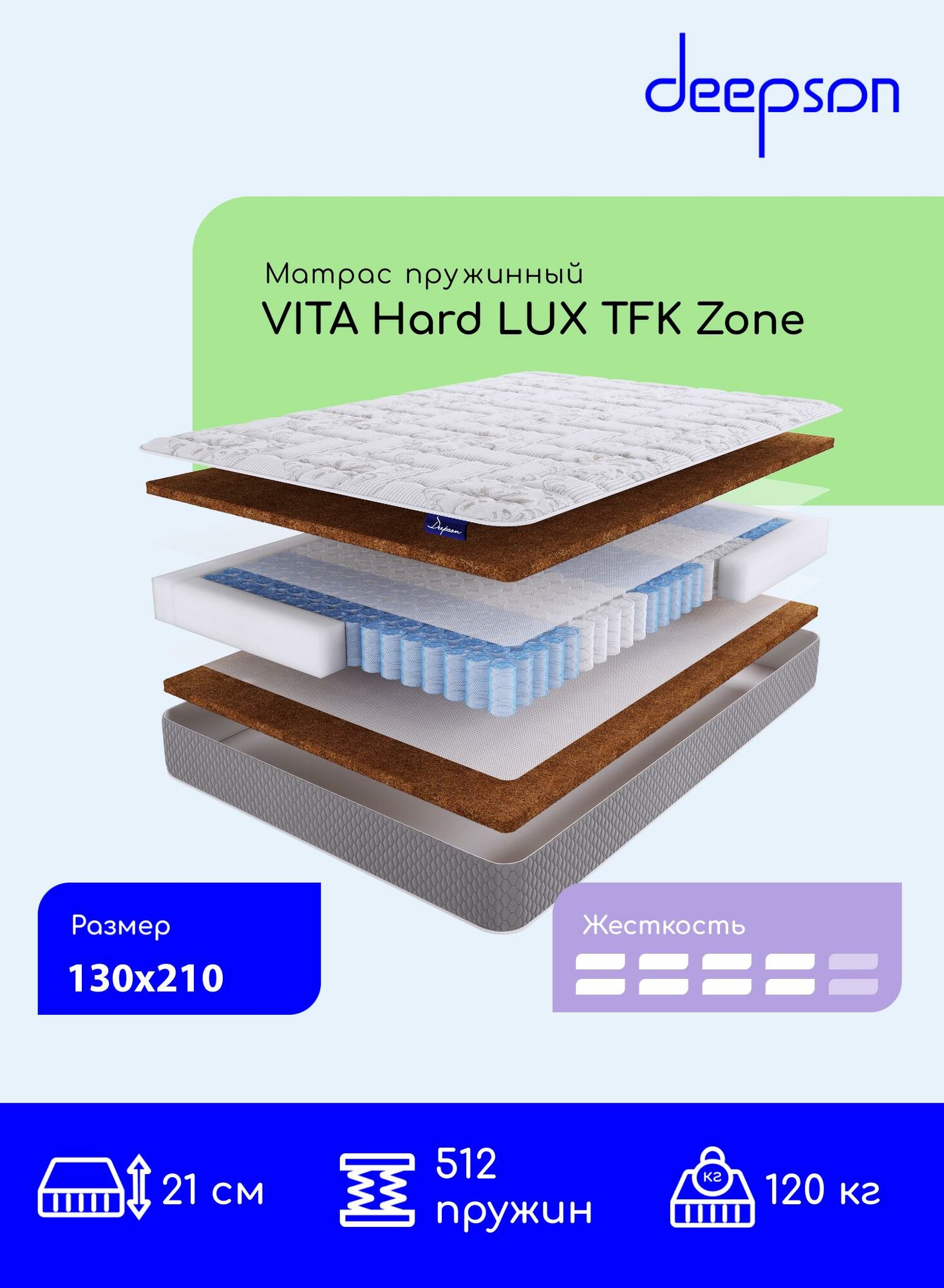 Матрас 130x210 ортопедический пружинный на кровать VITA Hard LUX S500 высота 21 см