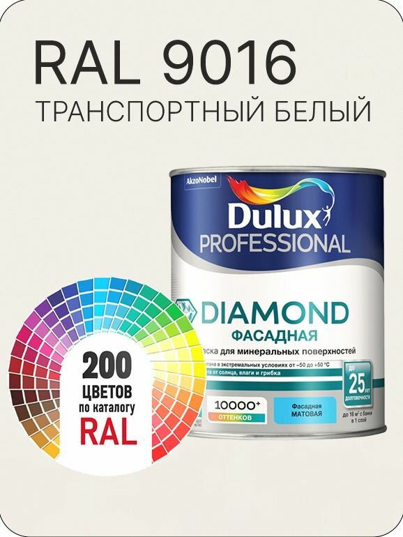 Краска для минеральных и деревянных фасадов Dulux Diamond цвет транспортный белый Ral 9016 0.8 л.