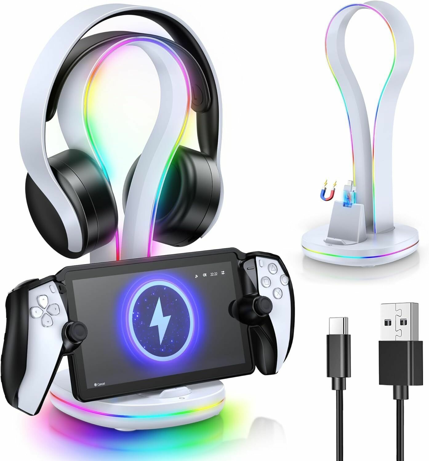 Магнитная подставка для зарядки 3-в-1 для Playstation Portal и беспроводной гарнитуры PS5, удобная док-станция для зарядного устройства для аксессуаров PS Portal, 11 режимов подсветки и 2 порта USB