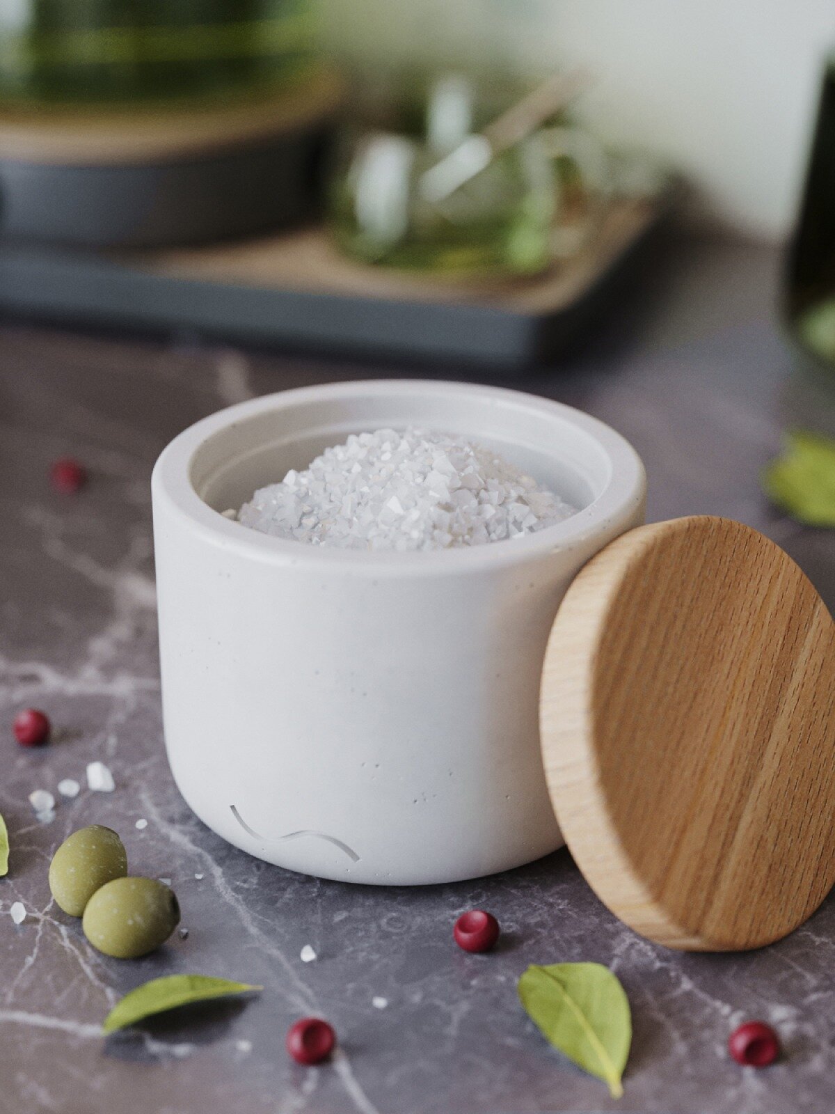 Банка, ёмкость для хранений сыпучих продуктов и специй Astrid XS (GL), с деревянной крышкой, бетон, белая глянцевая