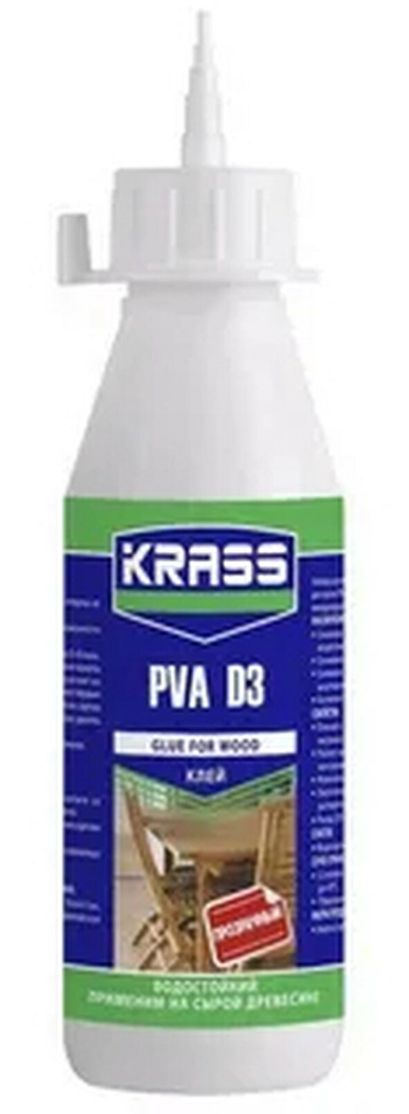 Клей Krass PVA D3 для древесины, водостойкий, 0,5 л для прочного склеивания мебели и столярных изделий
