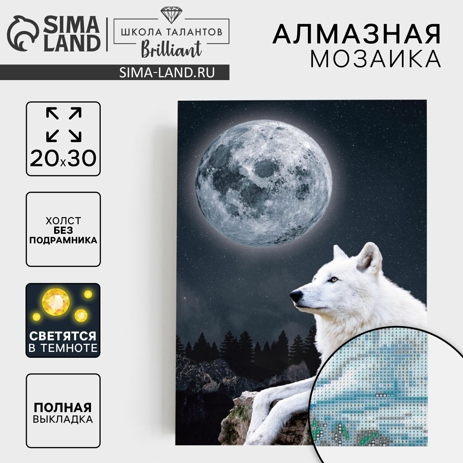 Алмазная мозаика с полным заполнением со светящимися стразами на холсте "Волк", 20x30 см